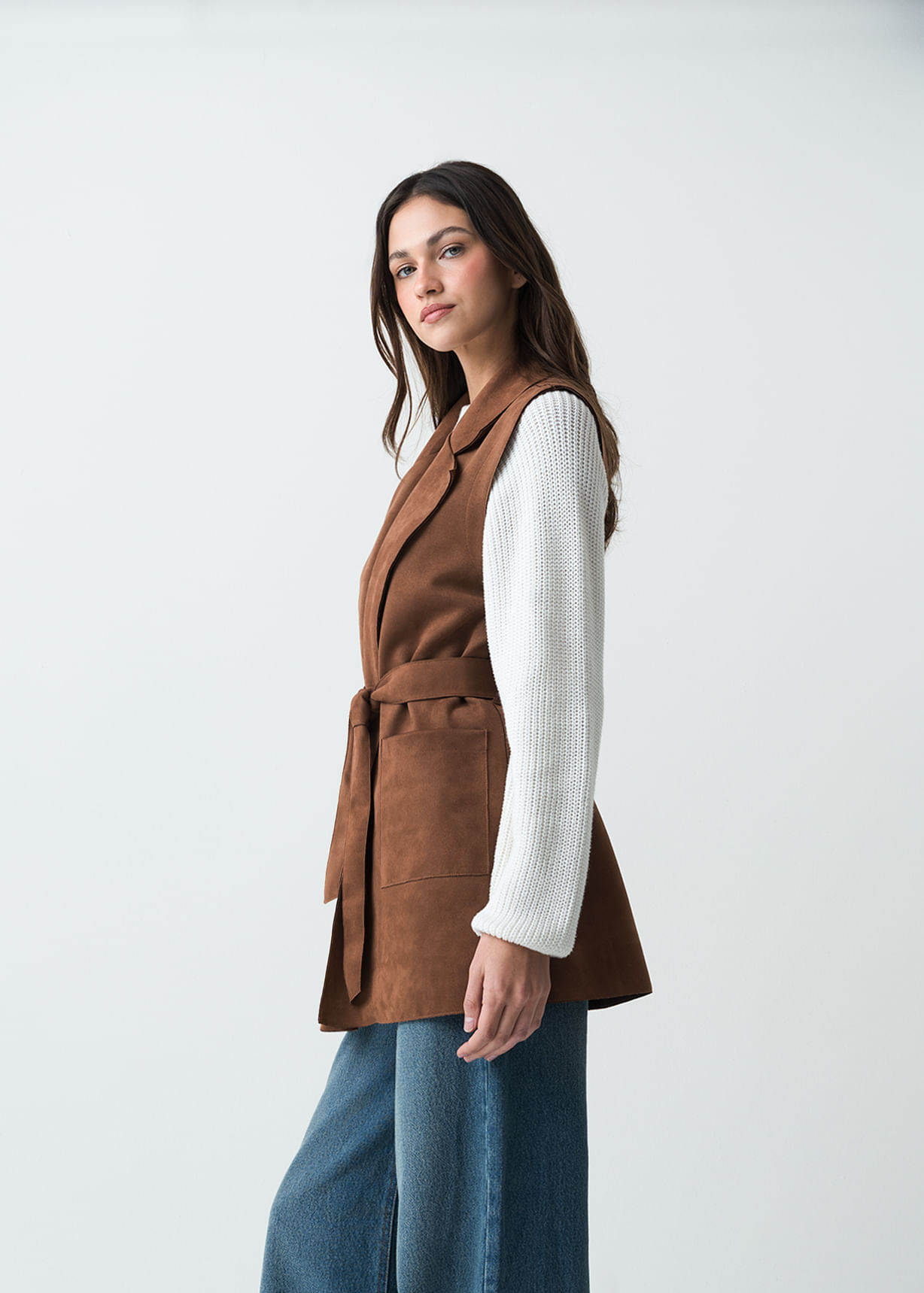 Chaleco largo en tela tipo gamusa | Tienda Online